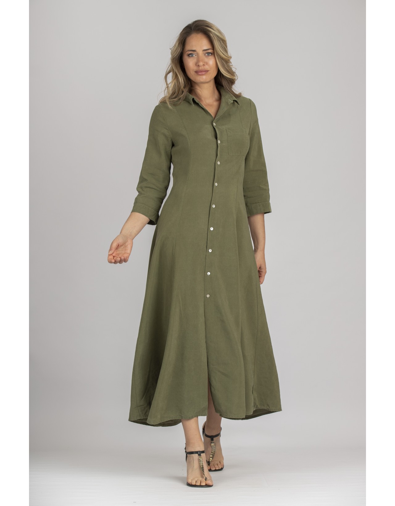 ROBE LONGUE JADE EN LIN TENCEL VERT KAKI