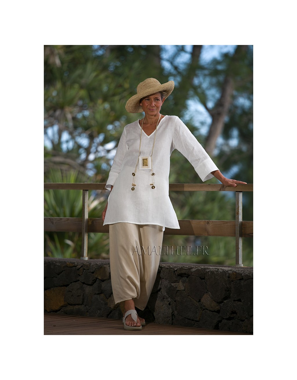 TUNIQUE FEMME INDIE EN LIN BLANC, MANCHES TROIS QUARTS