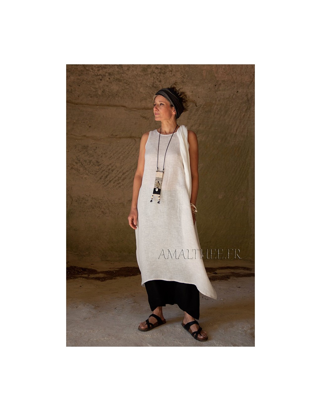 TUNIQUE EN VOILE DE LIN NATUREL ET SAROUEL NOIR