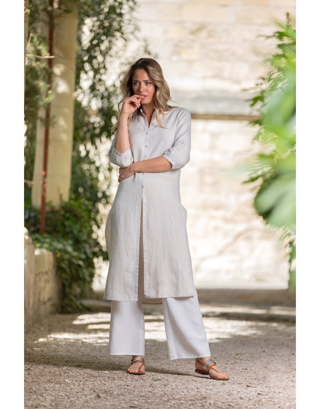 TUNIQUE EN LIN TENCEL COULEUR LIN NATUREL AYA SUR PANTALON EN LIN BLANC