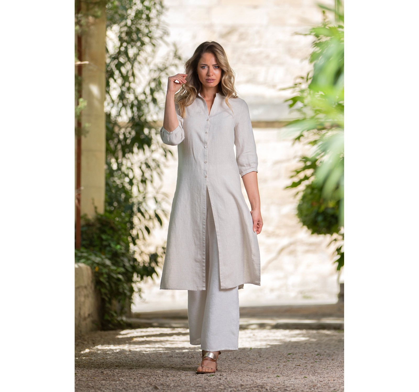 TUNIQUE EN LIN TENCEL COULEUR LIN NATUREL AYA SUR PANTALON EN LIN BLANC